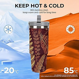 YTLKGFP 30 Oz Large Capacity Car Cup Maroon Gold Pattern Tumbler with Handle Straw Lid Insulated Stainless Steel Water Bottle Travel Mug Leak-proof Car Cup Keeps Cold Or Hot