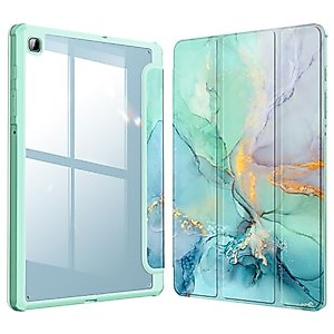 Fintie Hybrid Slim Case for Samsung Galaxy Tab S6 Lite 10.4 Inch 2024/2022/2020 with S Pen Holder, Shockproof Cover with Clear Transparent Back Shell, Emerald Marble