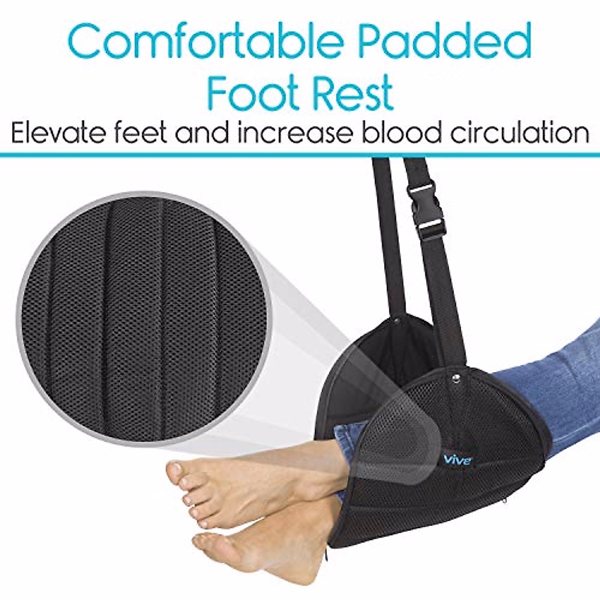 Vive Airplane Foot Rest (Plus Sleep Mask) - Elevated Leg Hammock for Airlines, Travel and Home - Adjustable Foot Sling for Under Office Desk, Flights and Train - Portable Cushion with Carrying Case