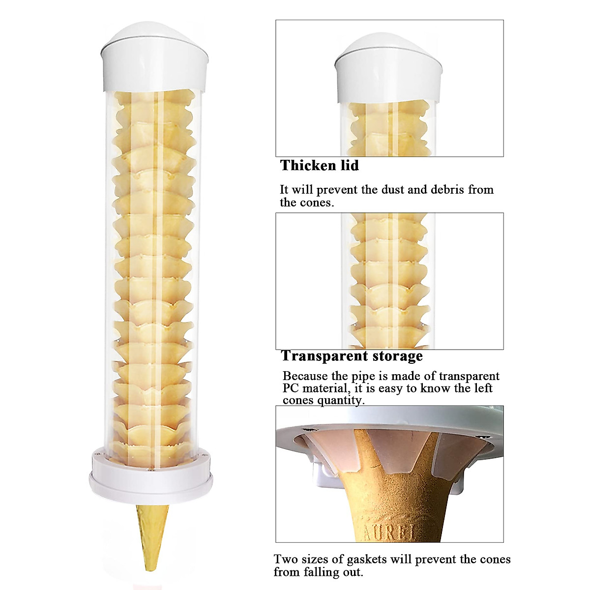 KUNHEWUHUA Ice Cream Cone Dispenser-16’’L x 3’’ Dia Plastic Tube with 1.6-2.6ins 2.4-3 ins gasket