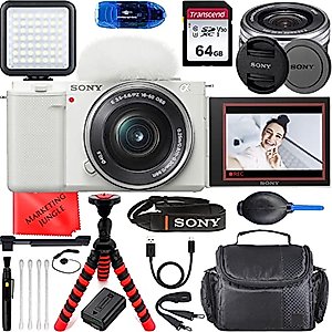 Sony ZV-E10 Mirrorless Camera with 16-50mm Lens (White) Vlogging/Video Creator Bundle with Portable LED Light, 64Gb Memory Card, Cleaning Kit + Accessories, ILCZV-E10L/W