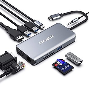 USB C Hub, Type C Adapter, Falwedi 10-in-1 Dongle with Ethernet, 4K@30Hz HDMI, VGA, 3 USB3.0, SD/TF Card Reader, Audio, USB-C PD 3.0, Compatible for MacBook Air Pro and Other Type C Laptops