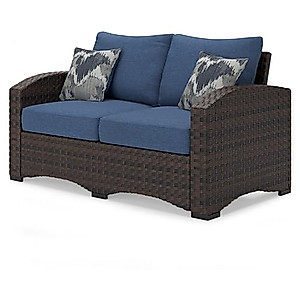 Signature Design by Ashley Windglow Outdoor Loveseat with Cushion Love Seats, 58" W x 31" D x 37" H, Blue & Dark Brown