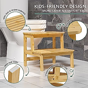 Domax Bamboo Wooden Step Stools for Kids - Toddler Step Stool for Bathroom Sink High Bed Toilet Kitchen Helper Wood Step Stool for Bedside for Adults Non-Slip Waterproof 2 Stepping Stool, Natural