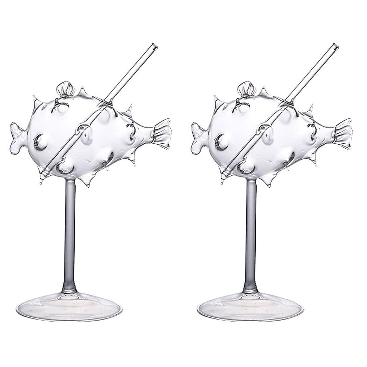 Angoily Creative Puffer Fish Cocktail Glasses Set of 2, Clear Puffer Fish Shaped Drinks Cups 280ml Wine Glasses for Party Novelty Mushroom Glasses Drinking for KTV Bar Club Restaurant