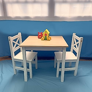PETIT BATEAU Toddler Kids Table and Chairs Set Solid Wood Modern Wooden Furniture for 2-8 Years Boy Girl Children White Color Craft Art Preschool Playroom