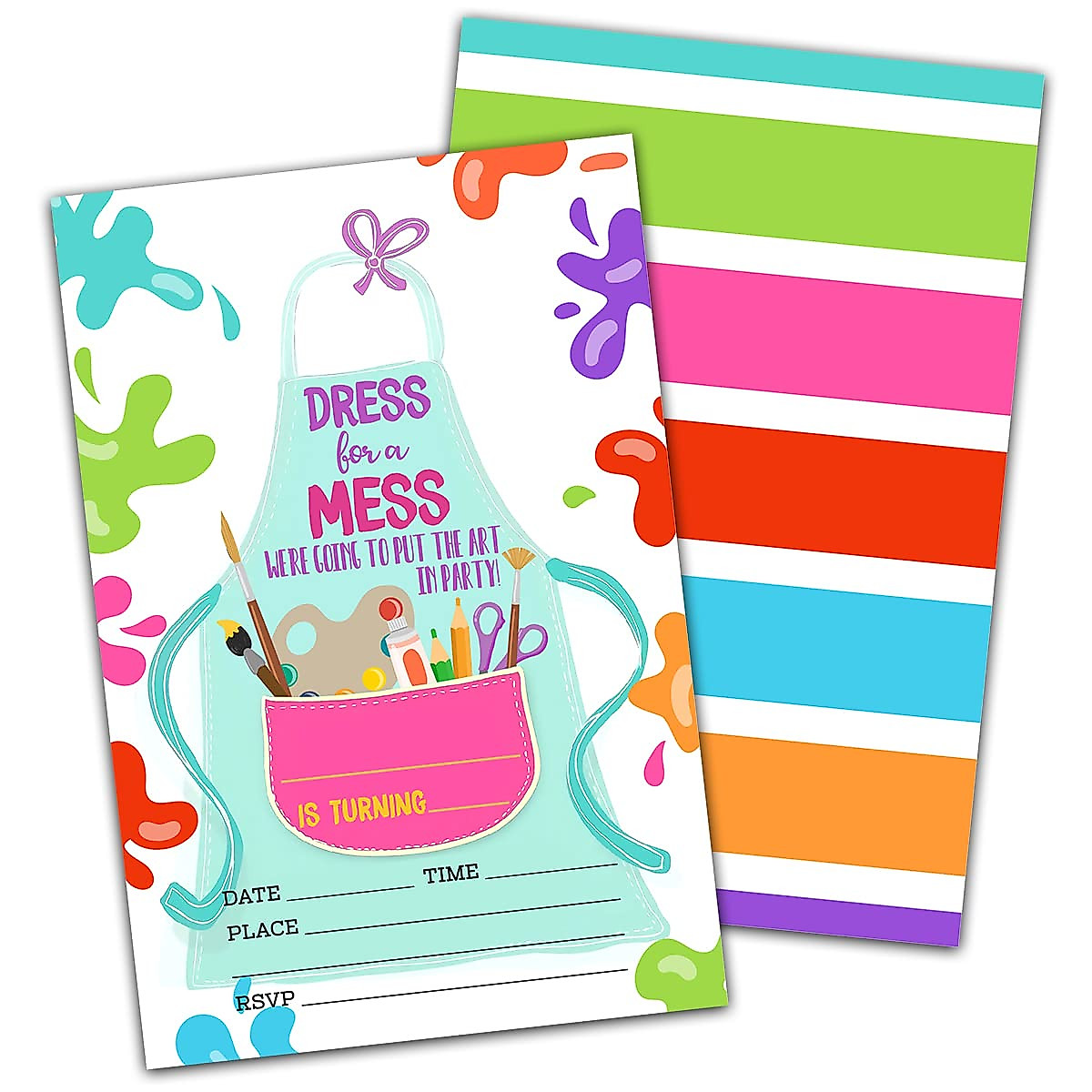 NYCTUG Art Painting Colorful Birthday Invitation(4" X 6"), Dress For A Mess,Paint Craft Birthday Double-Sided Party Invites- 20 Invitations With Envelopes-Party Supplies-A13