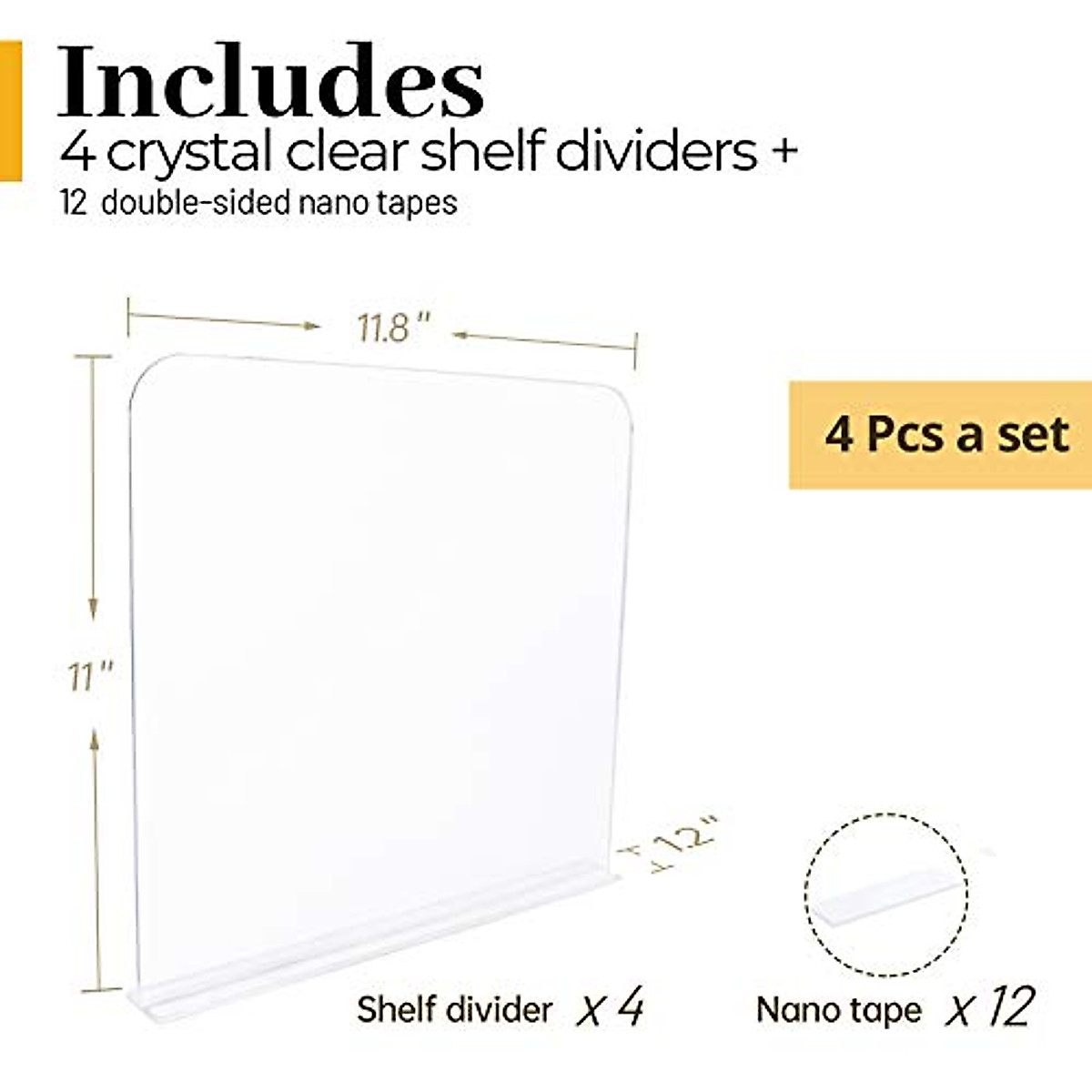 ROUFA 4Pcs Clear Acrylic Shelf Dividers, Adjustable Closet Organizer Fit for Any Thickness of Shelves, Multi-Purpose Wood Shelf Separators for Bedroom, Kitchen, Office, Bathroom, 11.8''x11''