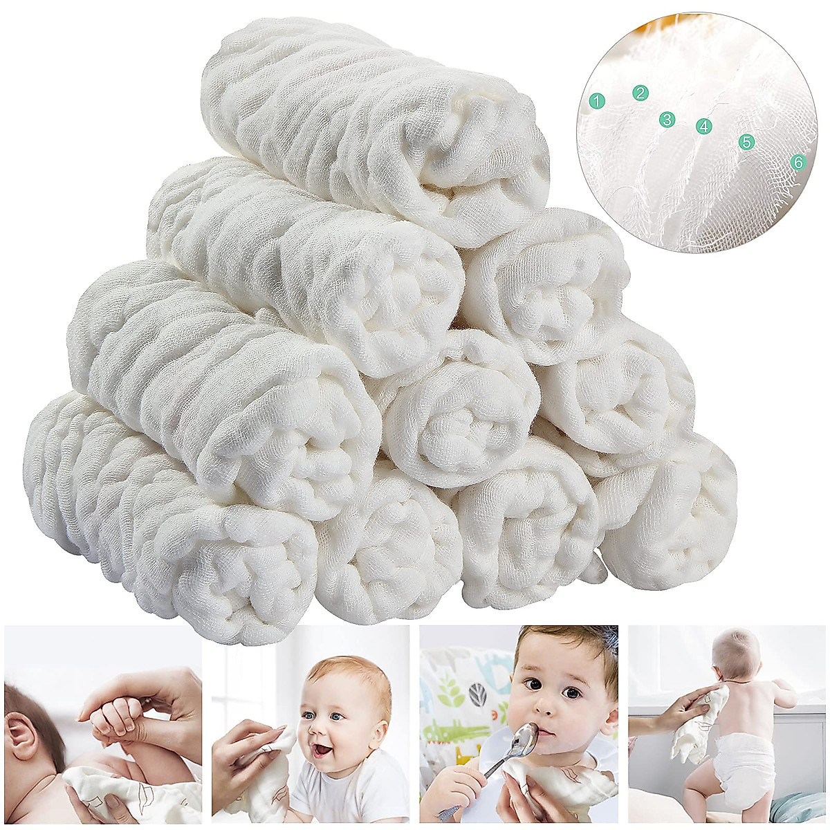 Koo-dib Muslin Soft White Baby Small Washcloths for Newborn Baby Essentials Must Haves Wash Cloths and 100% Cotton Face Towels 10 Pack Muslin Wash