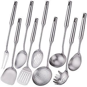 304 Stainless Steel Kitchen Utensils Set, Standcn 9 PCS Metal Cooking Tools Set with Meat Fork, Solid Spoon, Slotted Spoon, Spatula, Ladle, Skimmer, Slotted Spatula, Spaghetti Server, Large Spoon