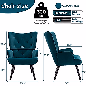 Accent Chairs Set for Living Room- Mid-Century Modern Comfy Reading Chair for Bedroom Adults Armchairs Sillones para Sala Sofa Tall Wingback Arm Chairs Microfiber Cushioned (Teal, 2 Chairs)