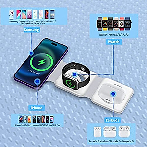 BeTIM 3 in 1 Wireless Charger, Magnetic Foldable 3 in 1 Charging Station,Fast Wireless Charging Pad, Compatible with iPhone 14/Pro/Max/Plus/13/12/XR/XS/X/8Plus Series, iWatch, AirPods 3/2/Pro (White)