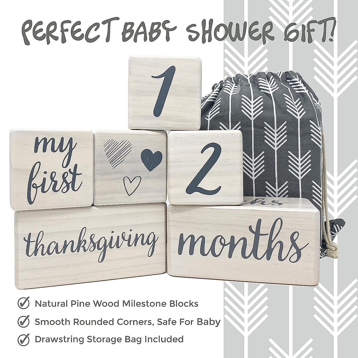 Pondering Pine Baby Milestone Blocks - Natural White Stain Pine Wood with Weeks Months Years Grade and Holidays, Newborn Weekly Monthly First Year Picture Props, 6 Block Milestones Age Set with Bag