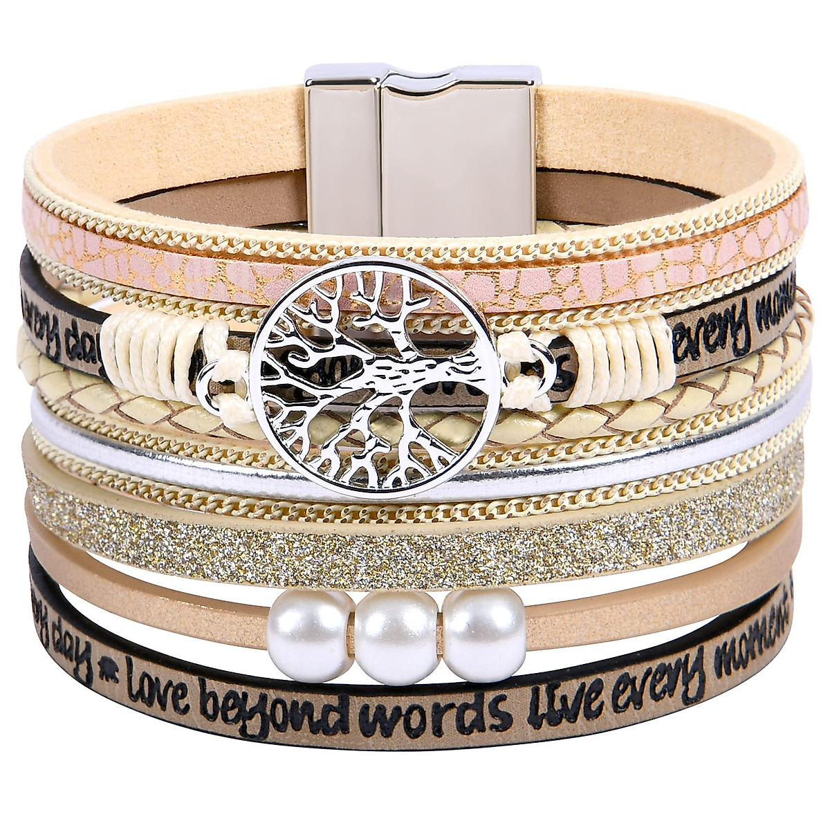 Aucuu Inspirational Tree of Life Leather Bracelets for Women, Leather Wrap Bracelets for Teen Girls, Valentine's Day Mother's Day Birthday Jewelry Gifts for Women （Light Brown）