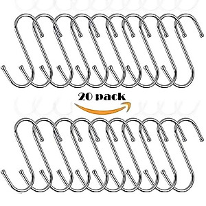 Powerful Metal S-Shaped Silver Hooks Hangers Heavy-Duty Stainless Steel Nickel Hanger Storage Rack for Closet, Work Shop, Bathroom, Garden, House Kitchen (20 Pack)