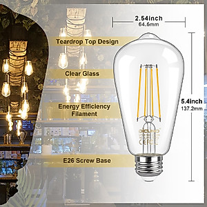 DiCUNO ST64 Edison LED Bulb 60W, Warm White 2700K, 6W LED Edison Bulb, Vintage Filament Light Bulbs for Decoration, 800LM, Non-Dimmable, Clear Glass, 80+ CRI, Pack of 6