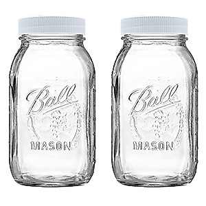 Regular Mouth Mason Jars 32 oz - (2 Pack) - Ball Regular Mouth 32-Ounces Quart Mason Jars with White M.E.M Food Storage Plastic Lids, Caps Fit Ball and Kerr Regular Mouth - For Storage, Freezing, Leak