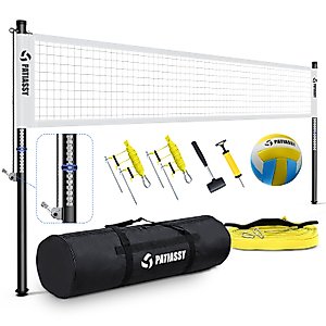 Patiassy Portable Professional Outdoor Volleyball Net Set with Adjustable Height Aluminum Poles, Winch System, Volleyball with Pump and Carrying Bag for Backyard Beach (White)
