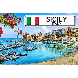 Sicily, Italy - Italian Flag Sign - Metal Novelty Sign for Home Decoration, Italian Restaurant Wall Decor, Street Sign, Italian Hometown Sign - 4x18 inches