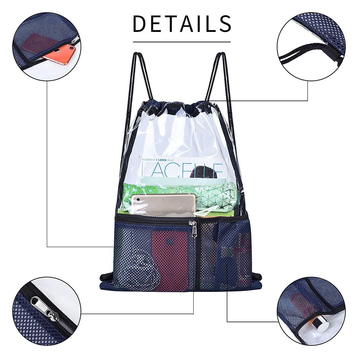 MAY TREE Clear Drawstring Bag for Women and Men, Clear Drawstring Backpack for Concert Sport Festival Travel Work- Blue