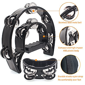Double Row Tambourine Foot Tambourine set, 9" Half Moon Tambourine Metal Jingles Hand Held Percussion with Band Wrist Bells for Kids, Adults,KTV,Party