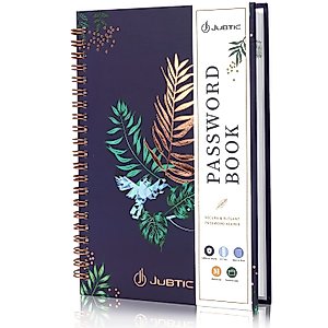 JUBTIC Password Book with Alphabetical Tabs Spiral Bound - 5.2" x 7.6" Hardcover Password Keeper Logbook for Seniors Password Notebook- Organize Internet Website Address Login - Deluxe Blue