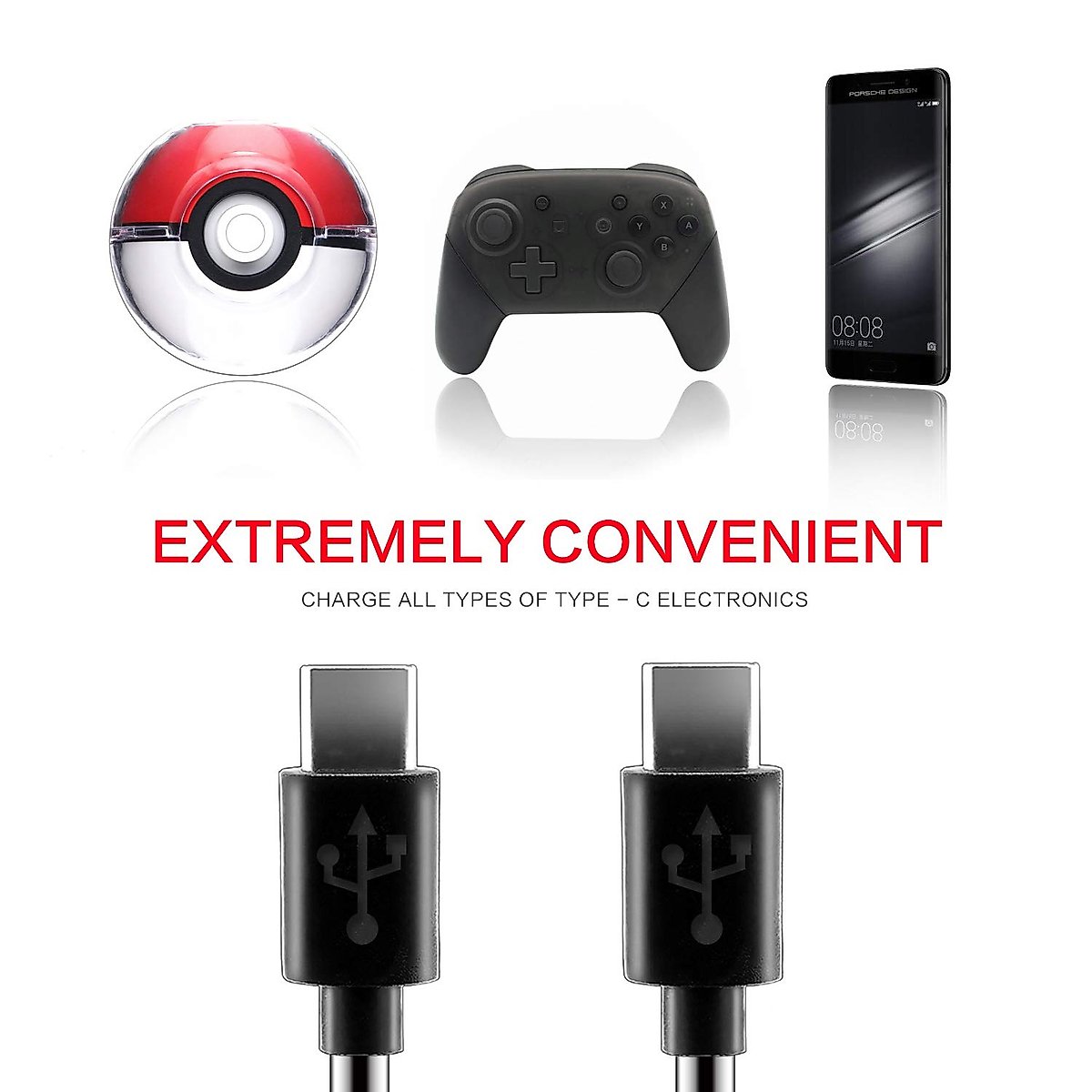 HEATFUN USB Type C Cable for PS5 Xbox Series X Controller, 2 in 1 USB C Charger Cable for Switch Pro Controller, Poke Ball Plus Controller and Android Devices - 1 Pack