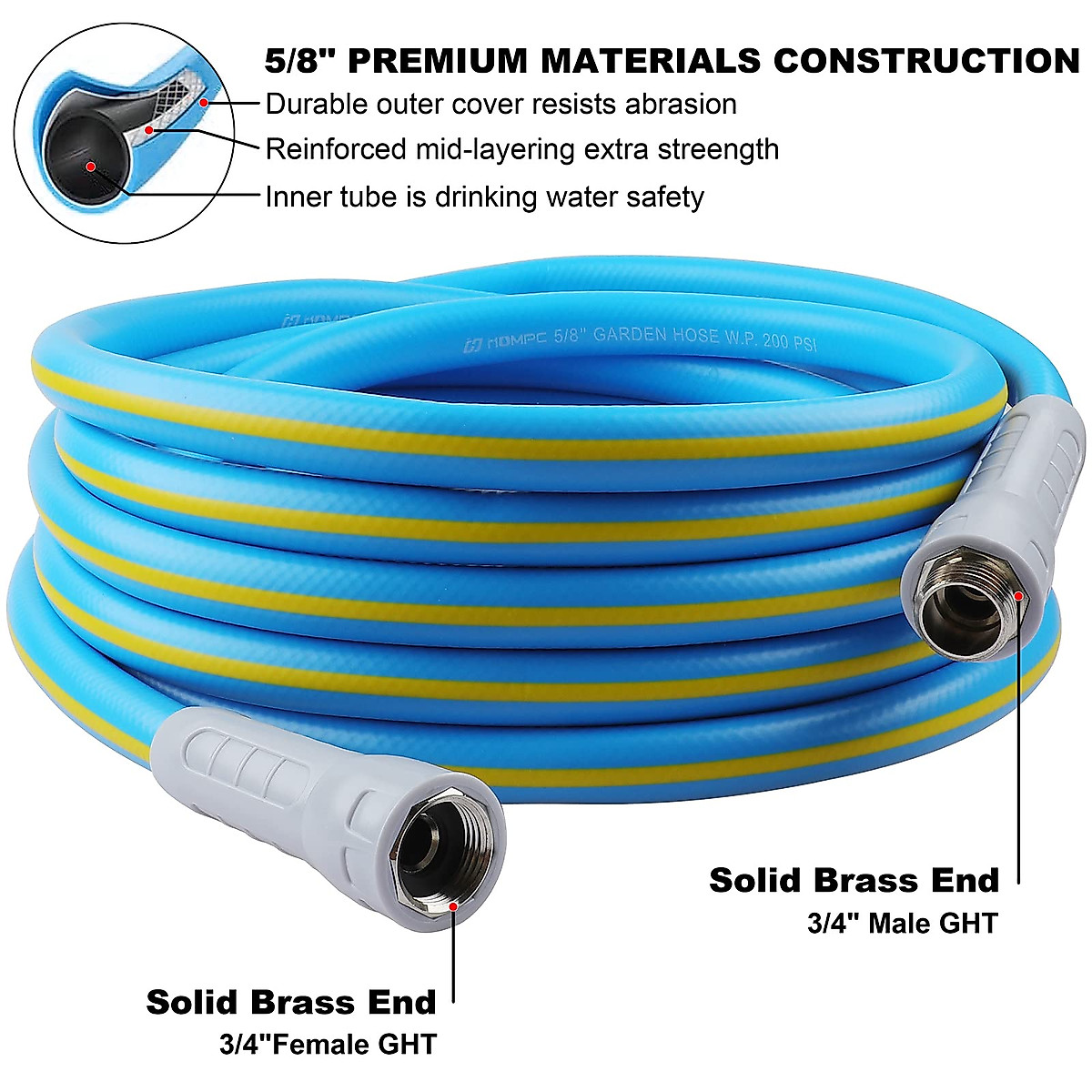 HQMPC Hose Garden Hose With Swivel Grip 5/8 in. x 20 ft., Water Hose Heavy Duty Durable Material Water Hose with Solid Fittings (BLUE) …