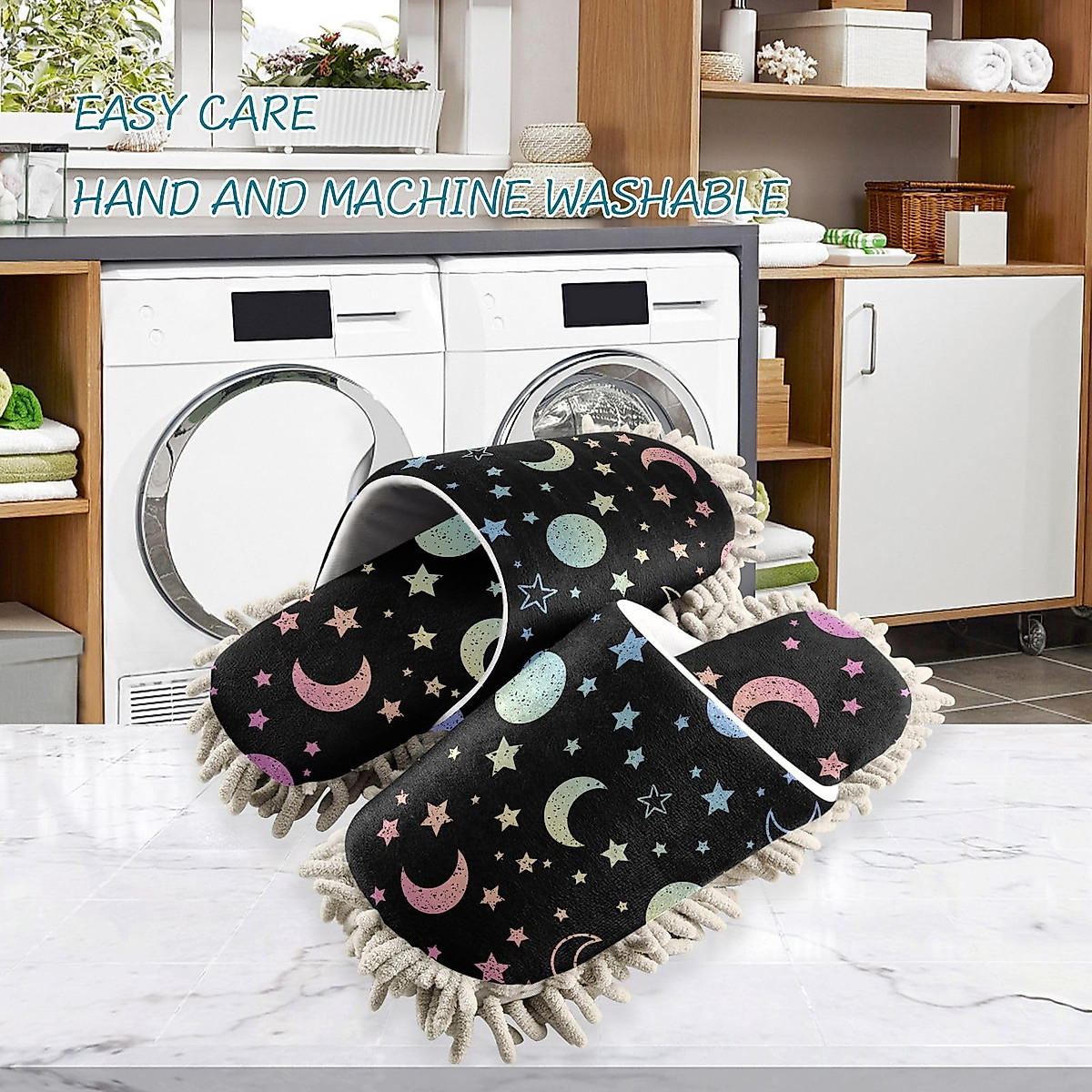 FLildon Microfiber Cleaning Slippers Gradient Moon Stars Washable Mop Shoes Slipper for Men/Women House Floor Dust Cleaner, Size L