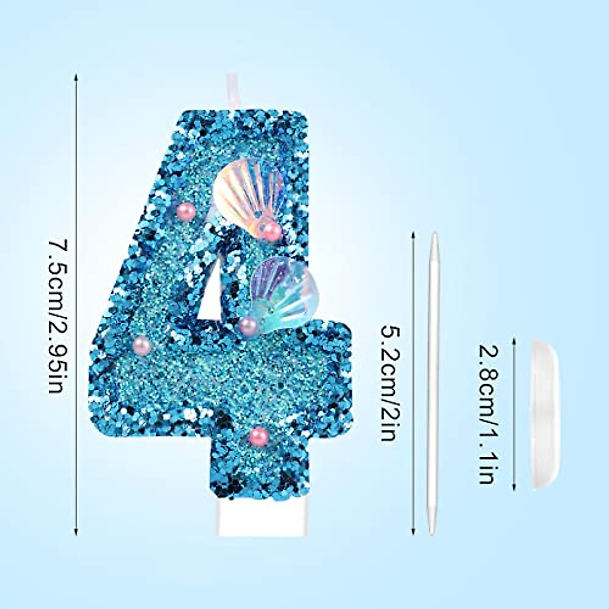 3 Inch Birthday Number Candle, Blue Shell Sequins Number Candles Glitter Number Candle Cake Numeral Candles Cake Topper for Birthday Anniversary Mermaid Themed Party (4)