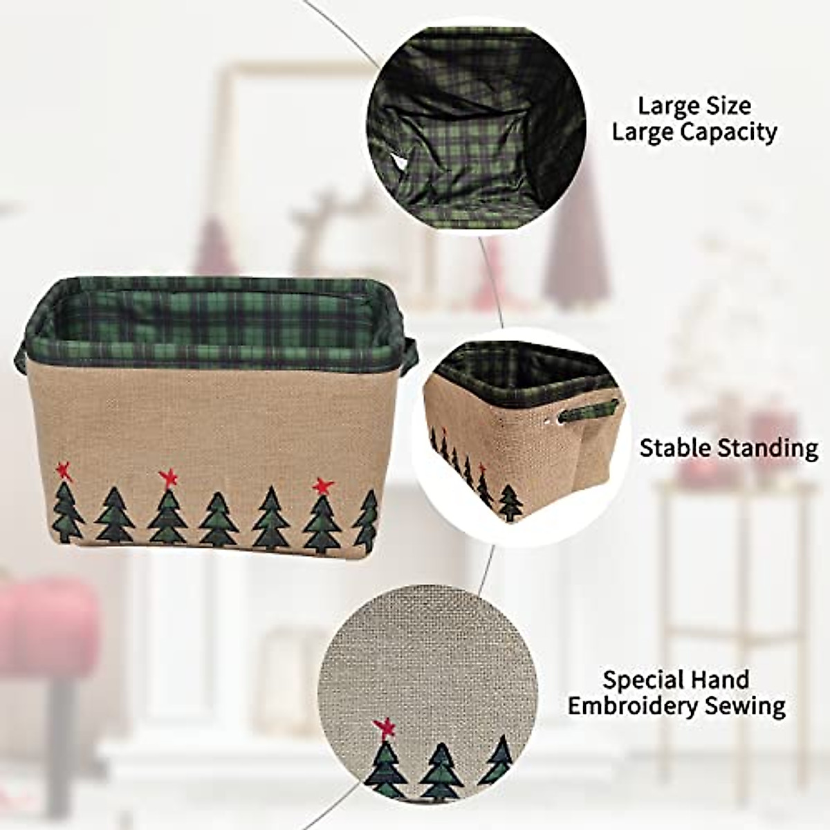 Christmas Baskets for Gifts Empty, Christmas Decorative Storage Baskets with Handles for Holidays Christmas Halloween, Christmas Tree Pattern Large Foldable Organizer Bins for Living Room 13"