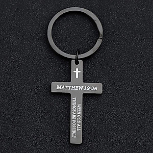 KUIYAI Matthew 19:26 with God All Things are Possible Cross Religious Keychain Christian Gift Bible Verse Inspirational Keyring (Black keychain)
