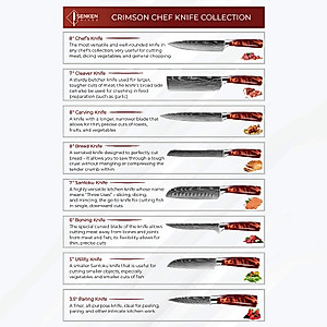 SENKEN 8-piece Japanese Kitchen Knife Set with Red Resin Handle and Laser Damascus Pattern - Crimson Collection - Chef's Knife, Santoku Knife, Paring Knife, & More - Ultra Sharp for Very Fast Cutting