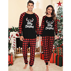 SWOMOG Christmas Matching Couple Pajamas Sets Family Xmas Jammies Casual Long-Sleeve Sleepwear Sets Festival PJ Set Women and Men Merry Chrismas Large