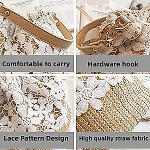 Anopo Straw Shoulder Bag Women Girls Drawstring Lace Woven Travel Handbag Rattan Bucket Summer Beach Hobo Bag Bohemian Crossbody Tote Purse-Leaf