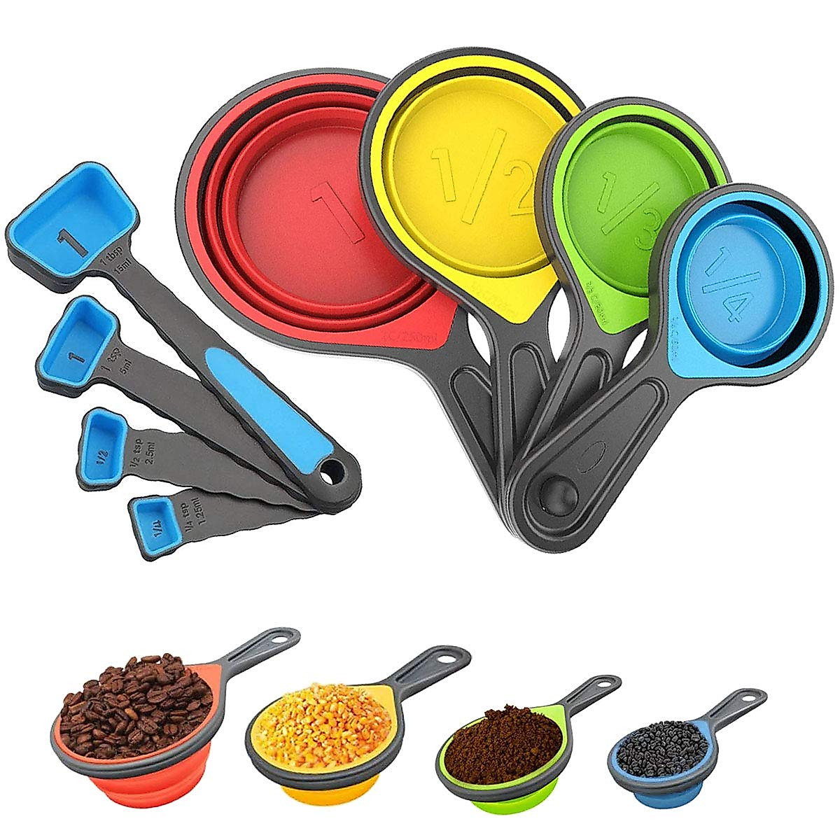 RubonC Measuring Cups and Spoons Set, 8 Pieces Collapsible Portable Durable Spoons with Cup Set for Liquid and Dry Food Measurement Used for Weight Loss and Perfect Recipe