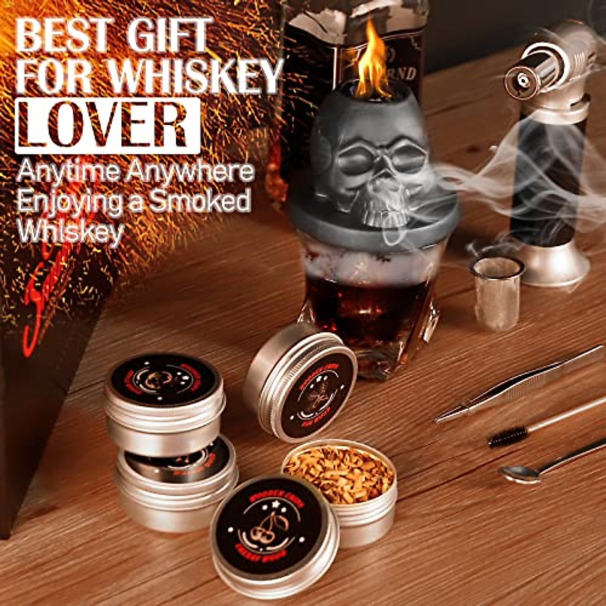 Cocktail Smoker Kit with Torch, Anmyox Whiskey Smoker Infuser Kit with Gift Box, Bourbon Whiskey Set Gift for Men,Skull old Fashioned Smoker Kit for Your Friends, Husband, Dad.（No Butane）