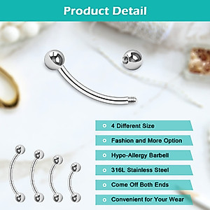 CrazyPiercing 18G Curved Barbell Piercing Jewelry 16P Tragus Rook Eyebrow Rings Surgical Steel VCH Piercings Jewelry for Men/Women 6mm 8mm 10mm 12mm