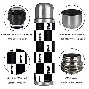 Stainless Steel Leather Vacuum Insulated Mug Chess Thermos Water Bottle for Hot and Cold Drinks Kids Adults 16 Oz