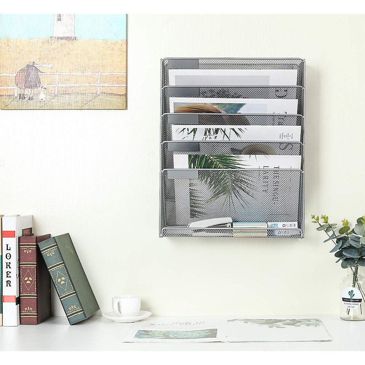 EasyPAG 5 Slot Wall Hanging File Organizer Vertical Office Desk /Wall Mounted File Holder Paper Organizer with Bottom Flat Tray,Black,Silver