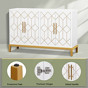 HLR Accent Cabinet with 4 Doors and Shelves, Sideboard Buffet Cabinet with Gold Lines, Modern Credenza Storage Decorative Cabinet for Living Room, Entryway, Kitchen, Dining Room, White