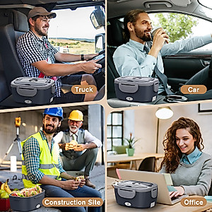 Vabaso Electric Lunch Box for Adults, 80W Heated Lunch Box with 2 Stainless Steel Container, 1.5L Portable Food Warmer Lunch Box for Work Men Car Truck, 110V/12V/24V/220V