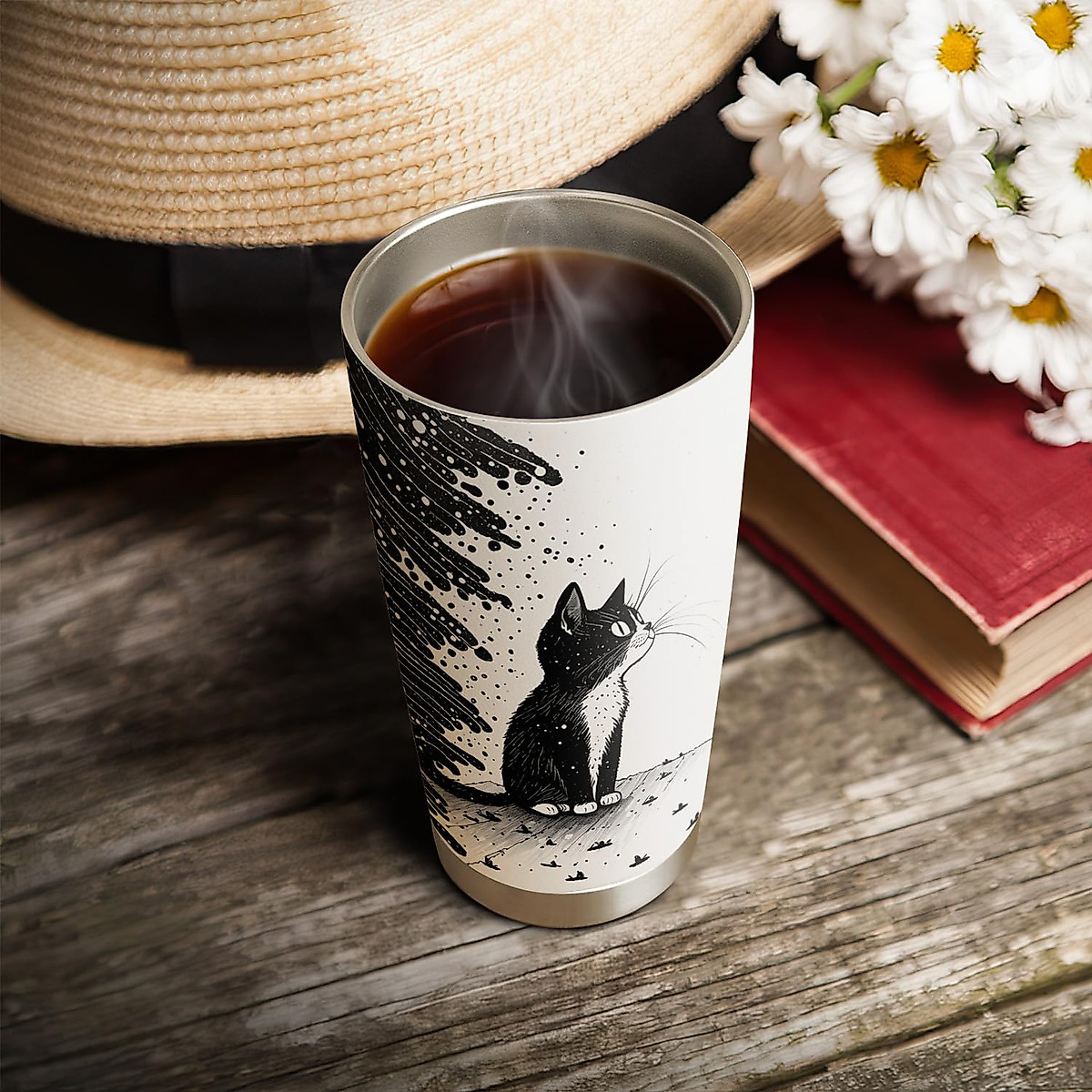 20oz Black and White Retro Vintage Cat Tumbler, Gifts for Cat Lovers, Coffee Thermos for Women, Stainless Steel Double Wall Vacuum Insulated Coffee Mug, Travel Cup with Lid