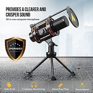 MAONO Computer Microphone All in One USB Condenser Mic 192kHz/24bit with Metal Pop Filter, Tripod, Gain Knob&0-Latency Monitoring for Zoom Meeting, Podcasting, Streaming, YouTube, Voice Over, Gaming