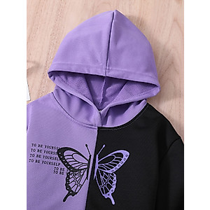 SOLY HUX Girl's 2 Piece Outfits Color Block Butterfly Print Long Sleeve Hoodies Sweatshirt Tops and Sweatpants Set Black and Purple 11-12Y