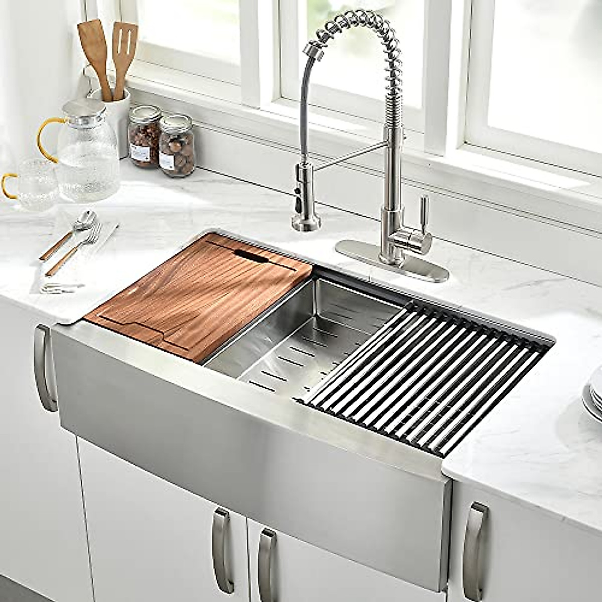 33Inch Farmhouse Sink Workstation Stainless Steel -VOKIM 33"x22" Farmhouse Apron Front Workstation Kitchen Sink 16 Gauge Stainless Steel Single Bowl Farm Sink