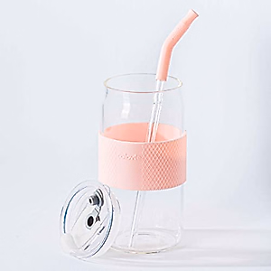 ColoVie 20oz 1pc Glass Tumbler with 3 IN 1 Lids and Glass Straws(Extra Silicone Tips), Silicone Protective Sleeve, Iced Coffee Cup, Travel Water Bottle, Soda Beer Can Shaped Cups, Hot Tea-Chalk Pink