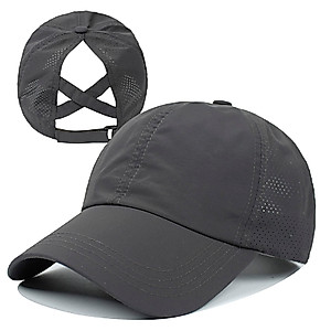 Koreshion Womens Criss Cross Ponytail Baseball Cap Adjustable High Messy Bun Ponycap Quick Drying Mesh Trucker Hats for Outdoor Sports Travel Dark Grey