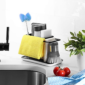 Kitchen Sponge Holder for Sink - Kitchen Sink Caddy - Sink Organizer with Brush Dispenser Holder and Drain Pan Tray - Dish Sponge Holder – Dual Use Sponge Brush Soap Dish Holder with Rag Rack