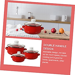 SHOWERORO 3pcs Enamel Pot Enamel Stockpot with Lid Soup Pot with Lid Small Pots for Cooking Quart Stock Noodle Pot Milk Pot Cookware Kitchen Pots With Cover Red Instant Noodle Pot